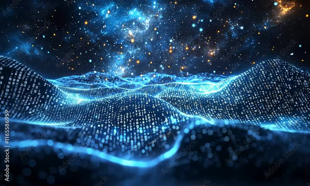 Glowing blue digital landscape with binary code and starry night sky ...