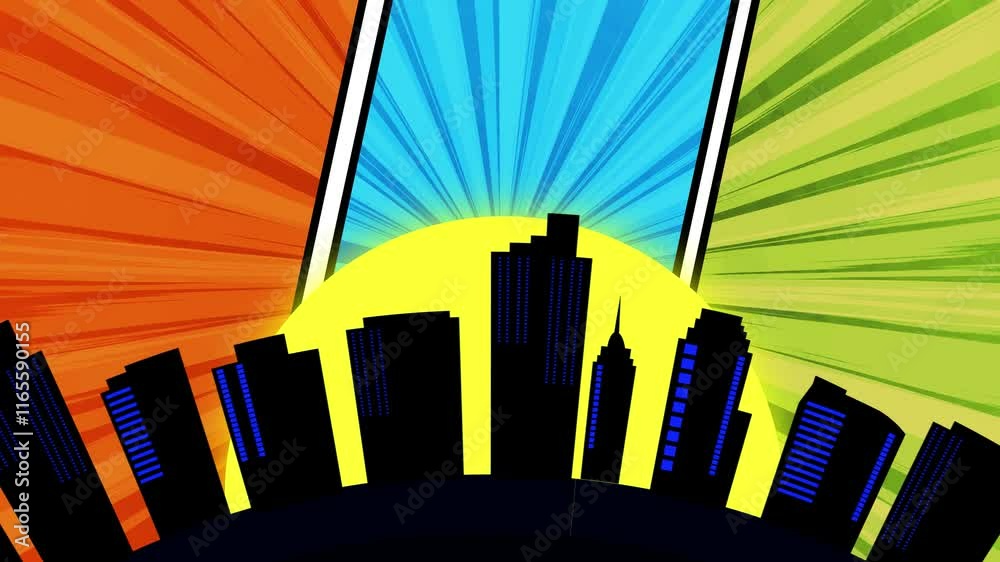 Comic Style High Speed Anime Line With Building Animation And Sun ...