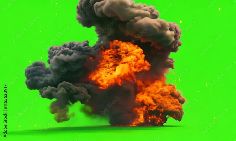 Explosion effect with bursting fireball, debris, and smoke plumes on an ...