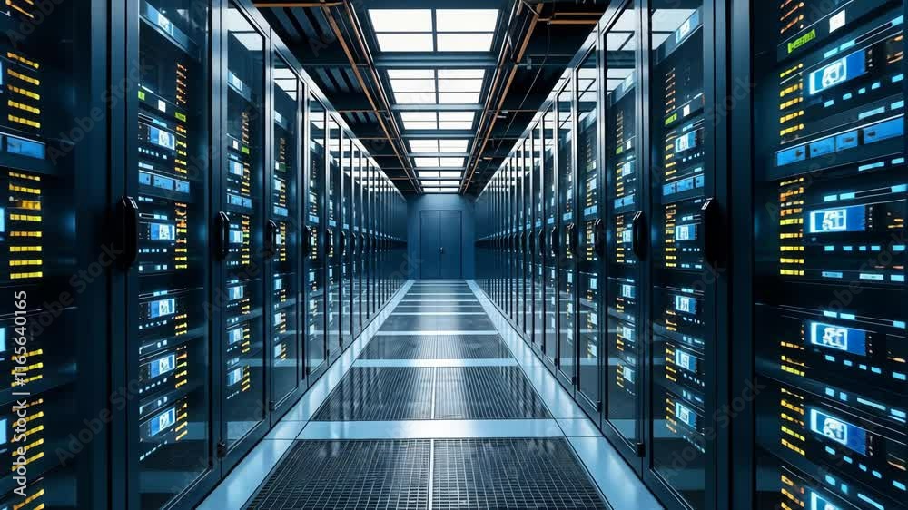 A large server room with technology racks, moving inward down the ...