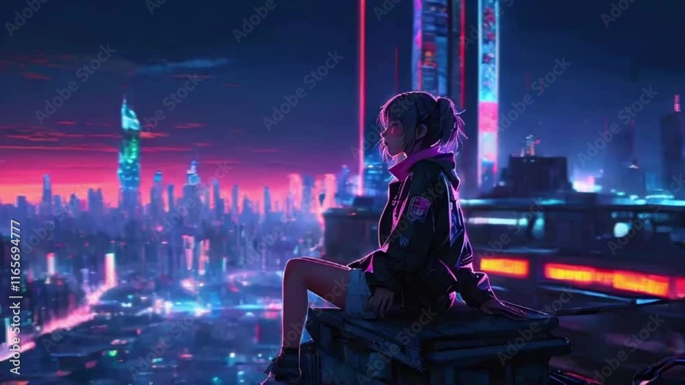 An anime girl on a rooftop, surrounded by a cyberpunk city with glowing ...