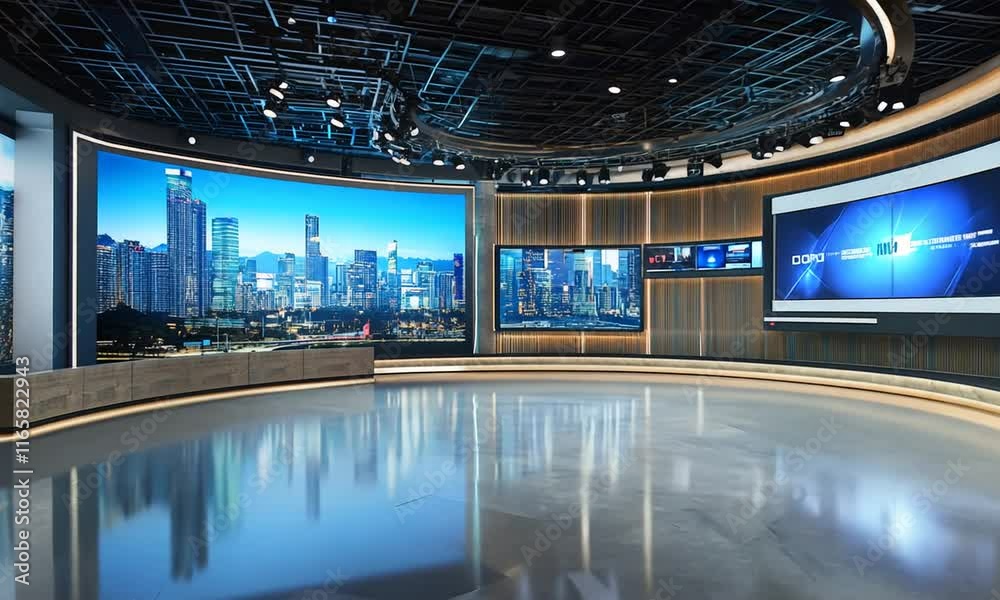 A 3D-rendered TV studio with a wall-mounted TV serves as an ideal ...