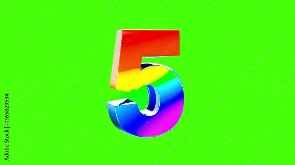 Rainbow colored number 5 on green screen background. 3D Number 5 five ...