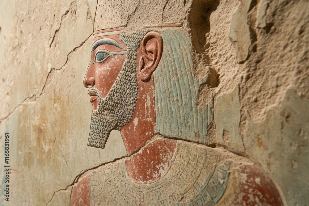 The face of a bearded king, painted on deteriorating plaster, appears ...