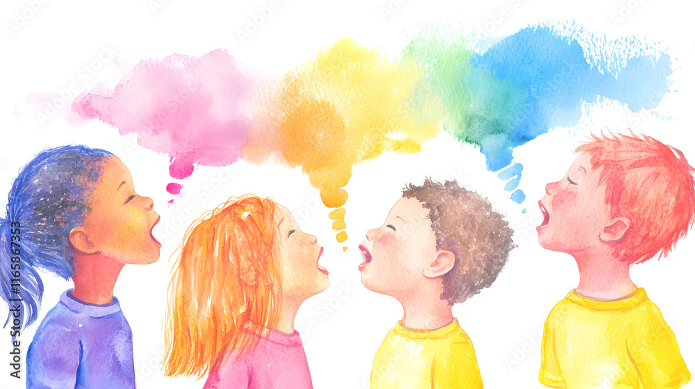 Rainbow group of modern children in colorful silhouette profile ...