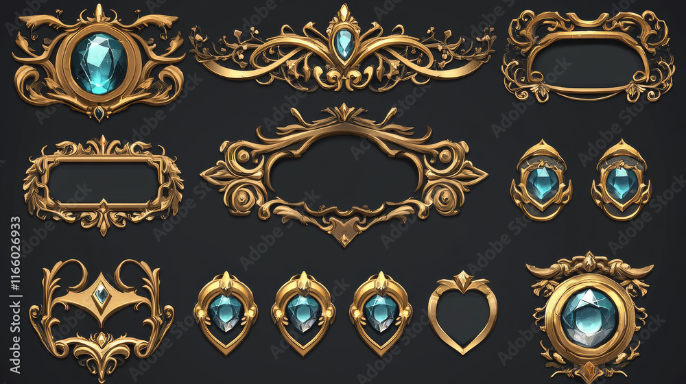 Golden fantasy game border ui button frame design. Medieval gold metal ...