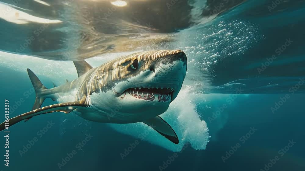 A Great White Shark emerges from the depths, its powerful presence and ...