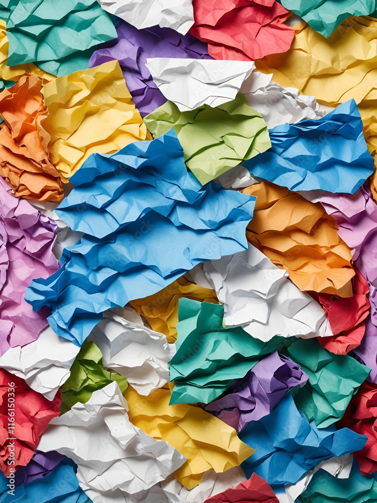 Stack of colorful crumpled wrinkled crushed pieces scraps, stripes or ...
