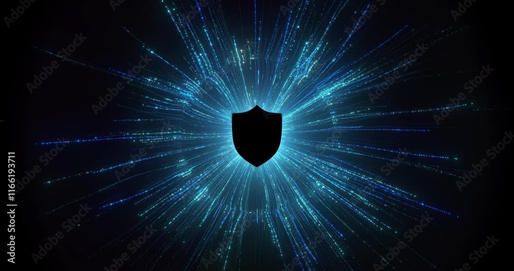 Futuristic shield pulsating with vibrant energy. Surrounded by a ...