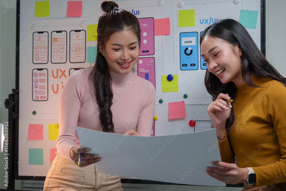 Two happy asian female ux ui designers are discussing mobile app ...