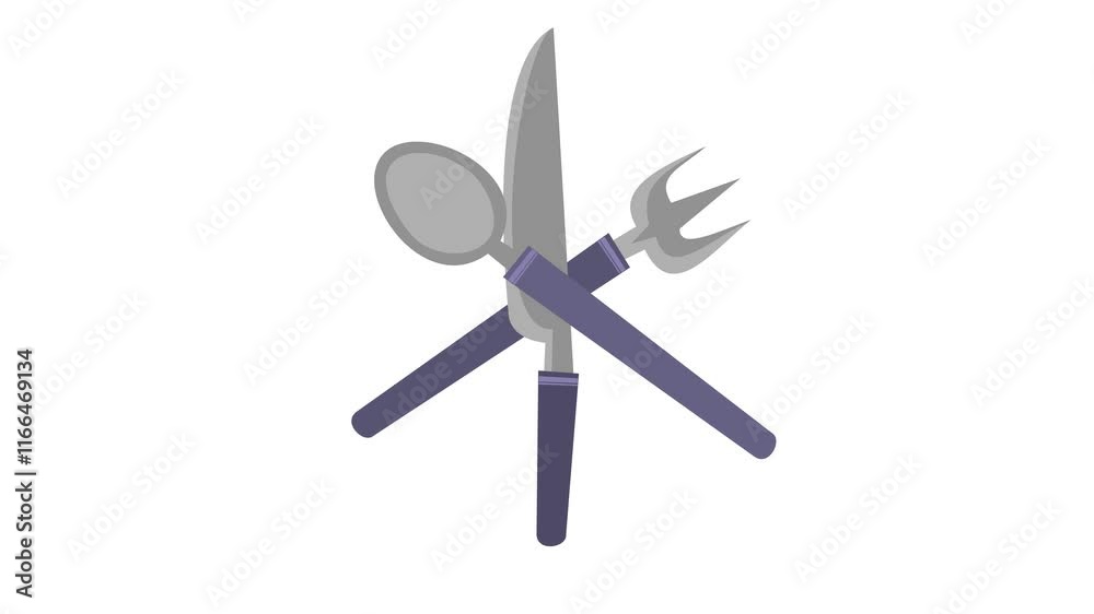 A fork, knife, and spoon crossed together. Icon animation. Alpha ...