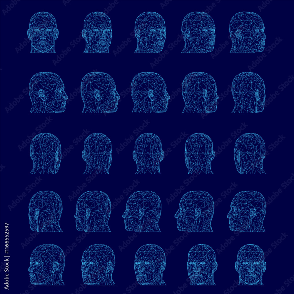 Series of blue faces are shown in a row. The faces are all different ...