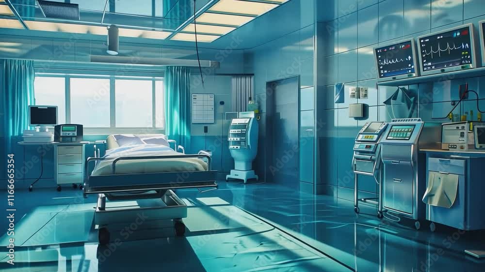 A sterile, minimalist hospital room with a single bed, a window with a ...