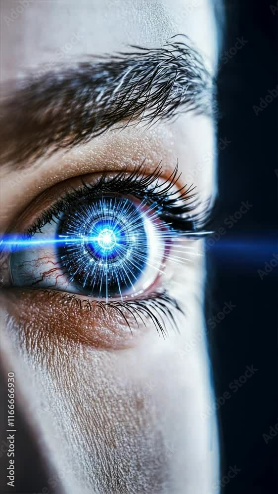 Close up of an eye with blue laser beams emanating from the iris ...