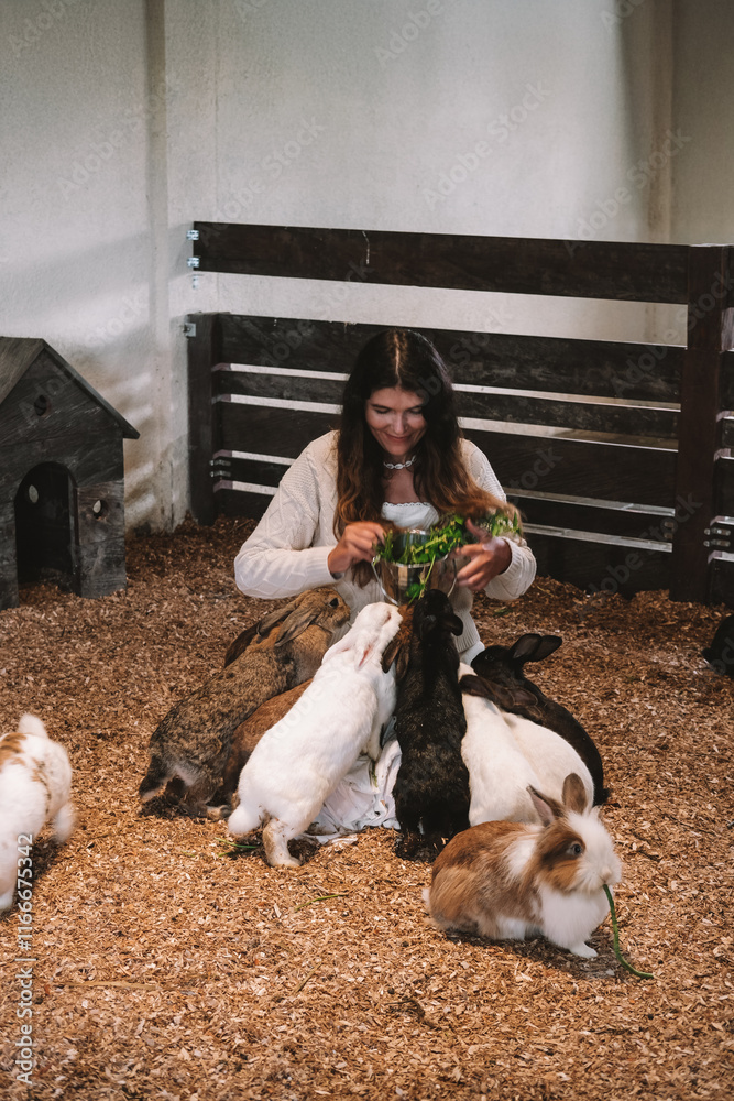 Young woman in white dress sits in rabbit pen on sawdust and feeds ...