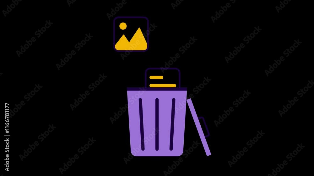 An animated illustration of a file being thrown into a purple trash can ...