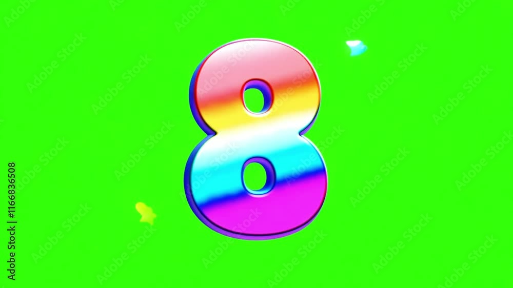Number 8 rainbow colors on green screen background. 3D Number 8 logo ...