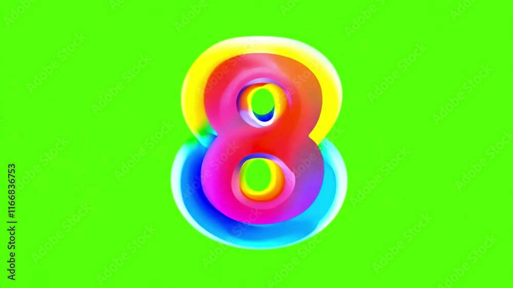 Number 8 rainbow colors on green screen background. 3D Number 8 logo ...