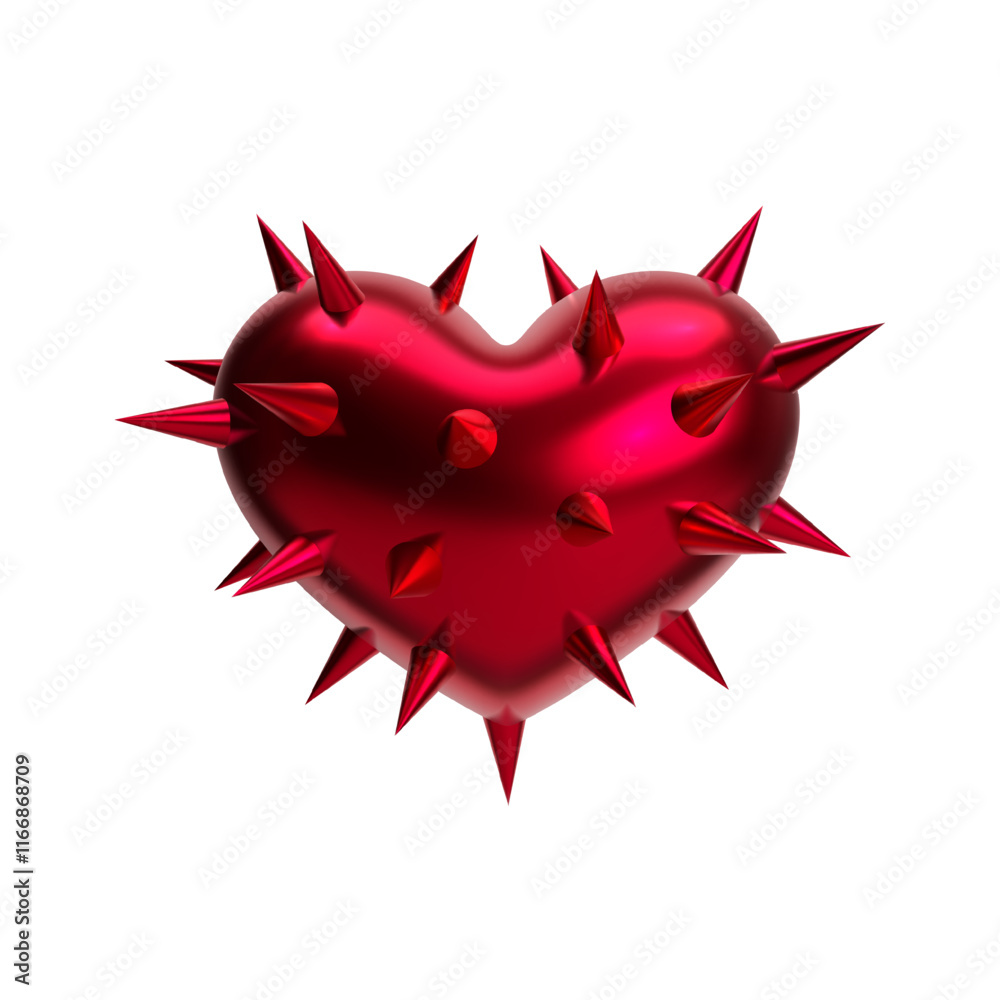 Fényképezés 3D red metallic heart with sharp spikes and thorns, glossy ...
