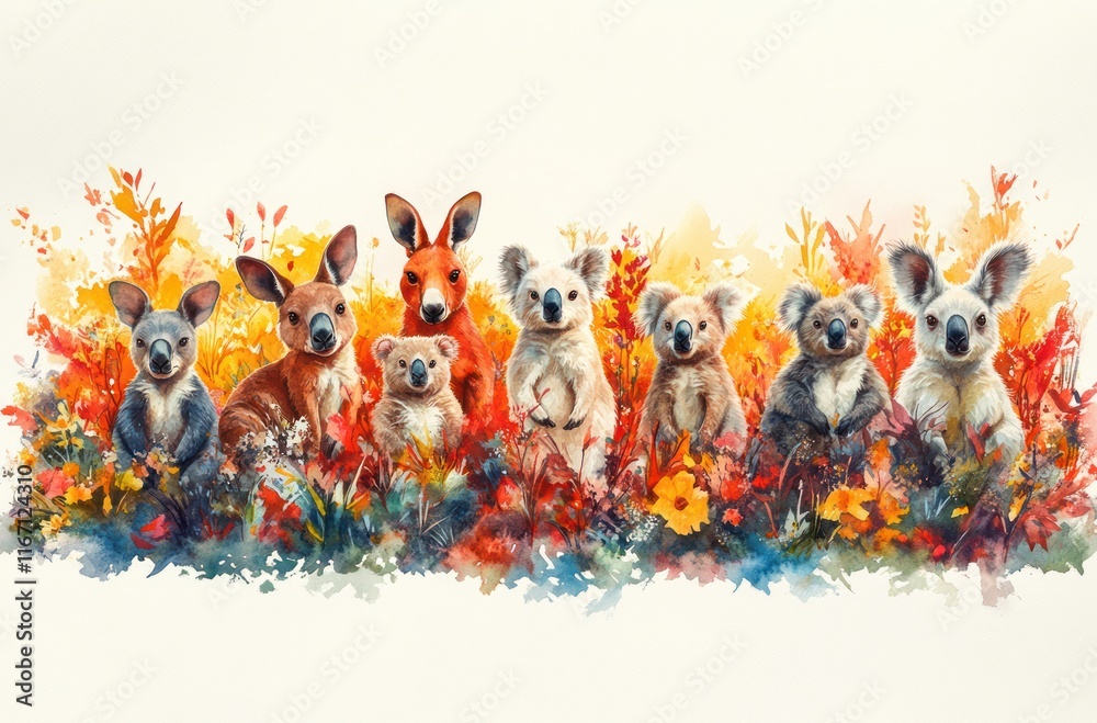 Watercolor Illustration of Australian Wildlife with Kangaroo Emu Koala ...