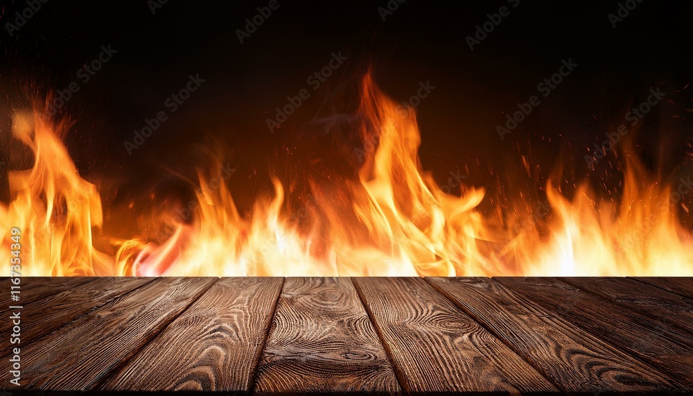 wooden board with fireplace flames on a darkish background to show ...