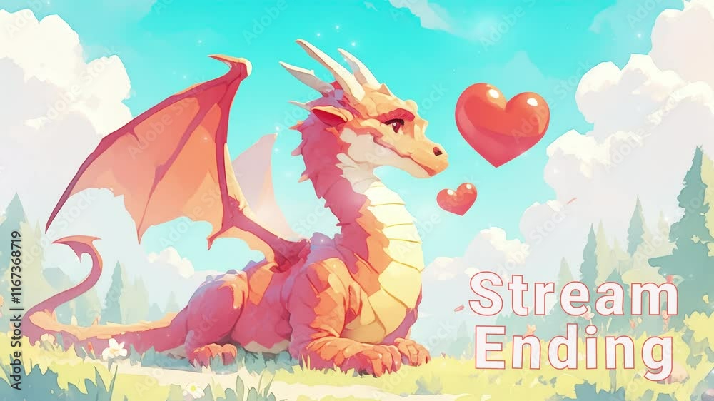 Colorful dragon rests in a serene landscape with floating hearts stream ...