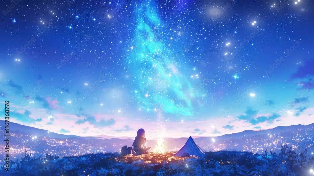 Under a starry sky, a campfire flickers, casting warmth into the cool ...