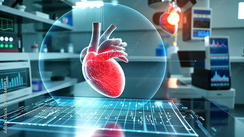 A dramatic depiction of a bioprinted human heart suspended mid-air ...