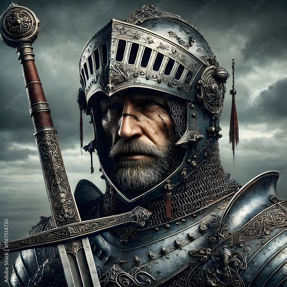 An ultra-realistic portrait of a medieval knight, showcasing intricate ...