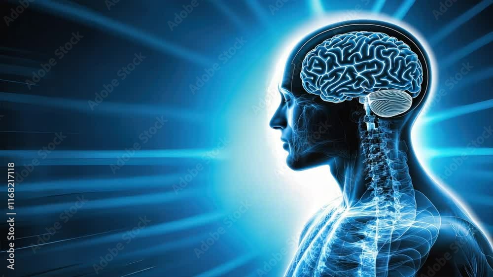 A human figure shows an x ray view of the brain and structures on a ...