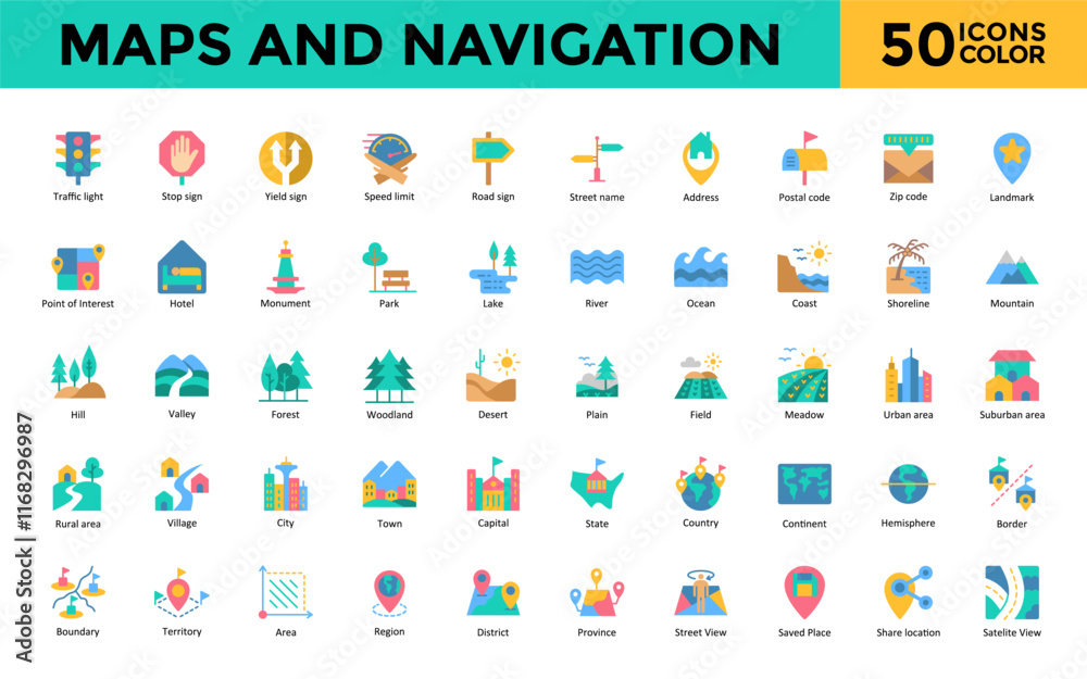Maps and Navigation icon set with traffic light, stop sign, yield sign ...