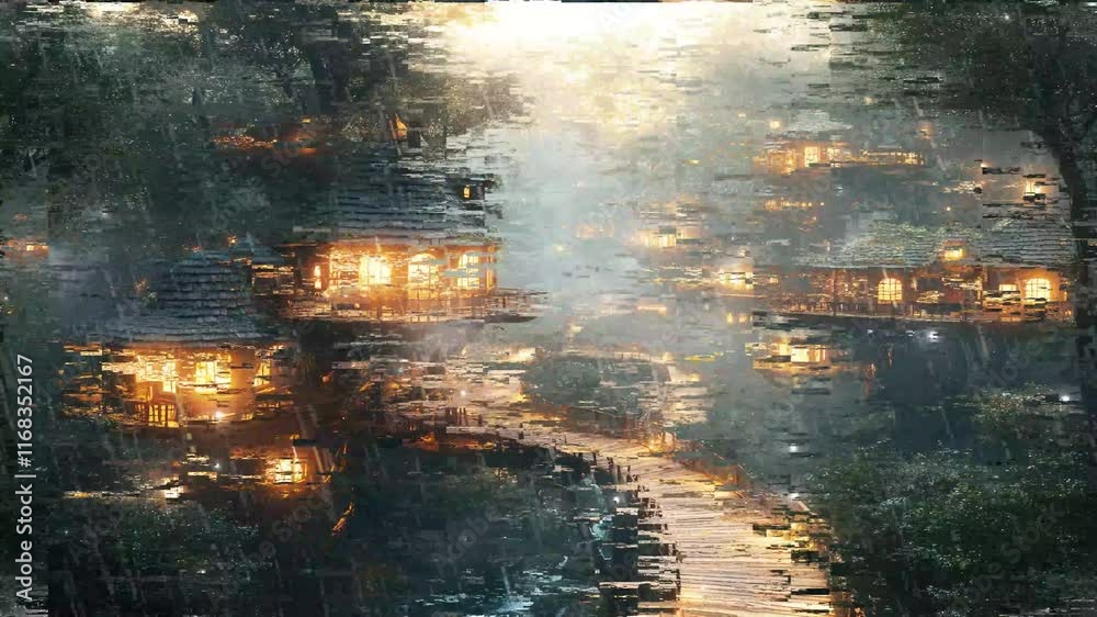 Twinkling lights beckon in a whimsical village nestled among trees at ...