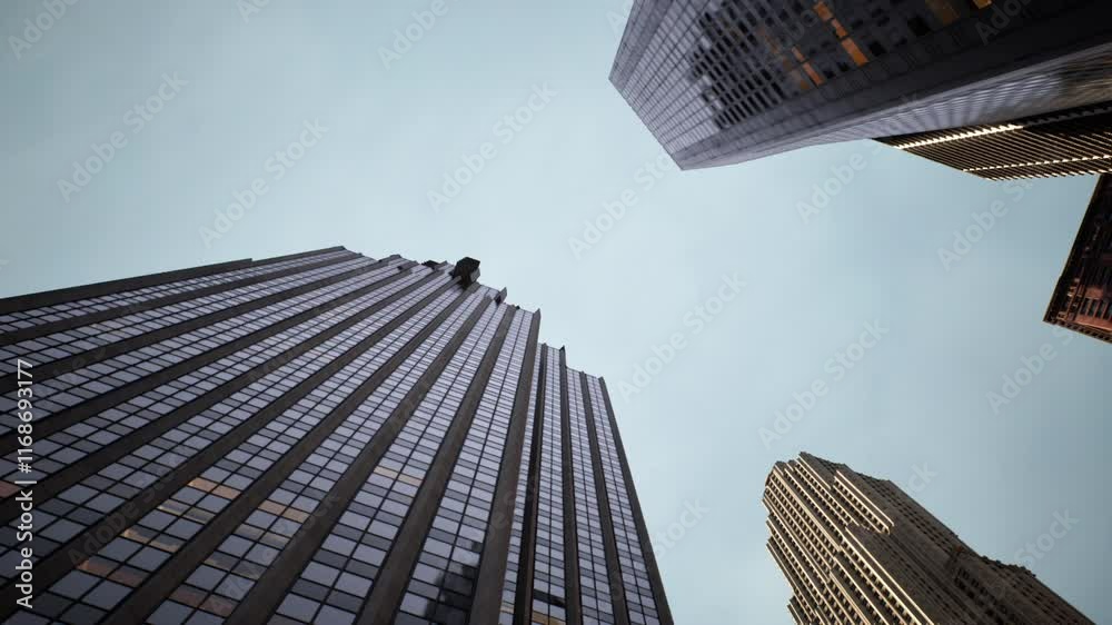 Looking up at towering skyscrapers in a city, their glass facades ...
