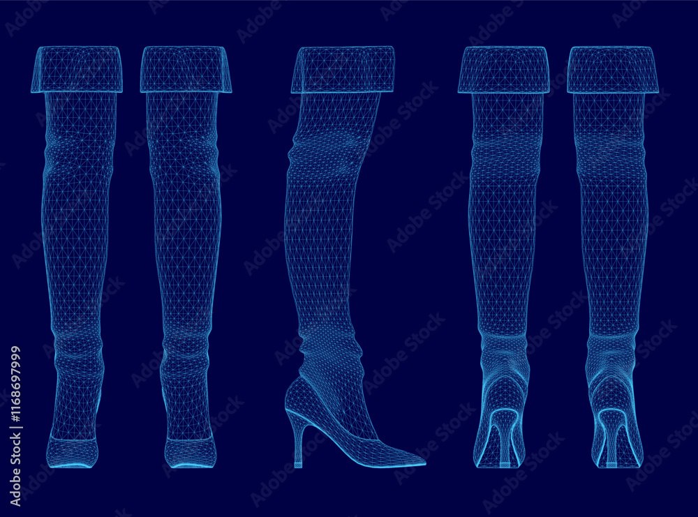 Series of blue images of women's legs and feet. The images are stylized ...