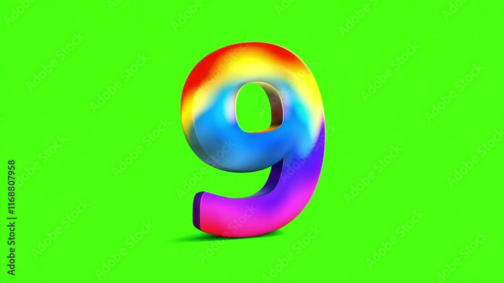 Number nine rainbow colors on green screen background. 3D Number 9 logo ...