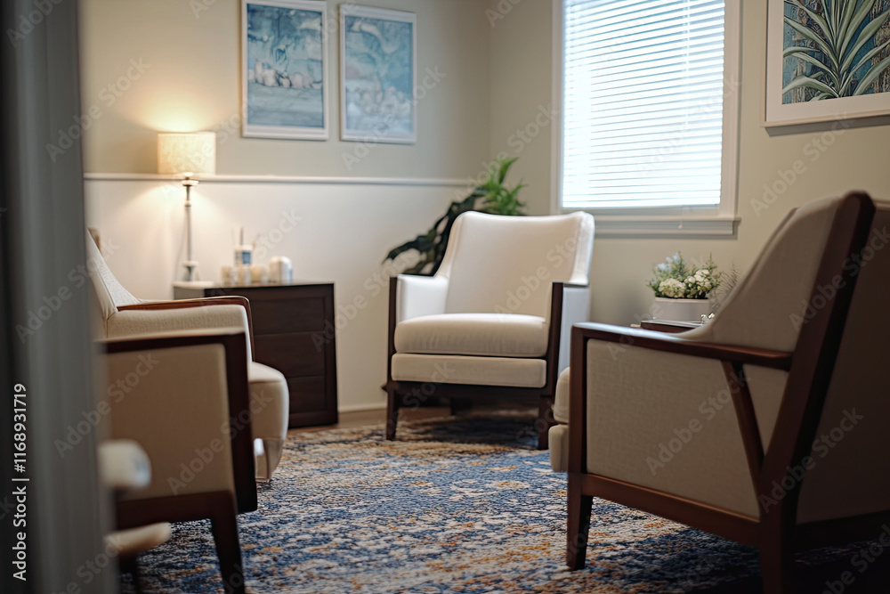 Photo & Art Print Therapy room setup with comfortable chairs, welcoming ...