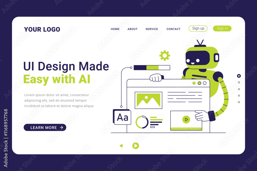 AI UI Design Generator landing page template. Robot AI creating UI and ...
