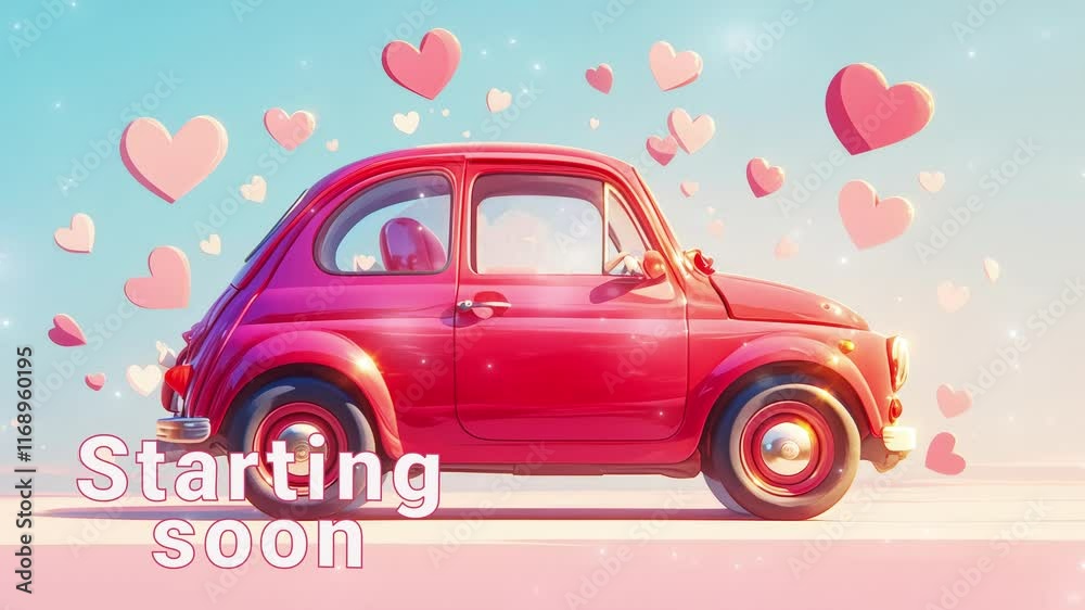 A red car glides through a dreamy heart-filled landscape. starting soon ...