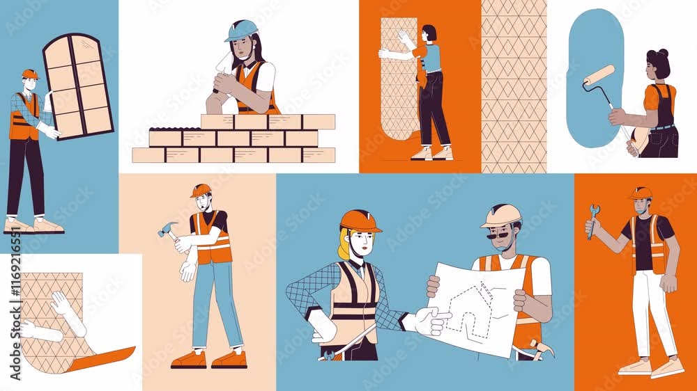 Construction workers on site animated bento grid layout. House builders ...