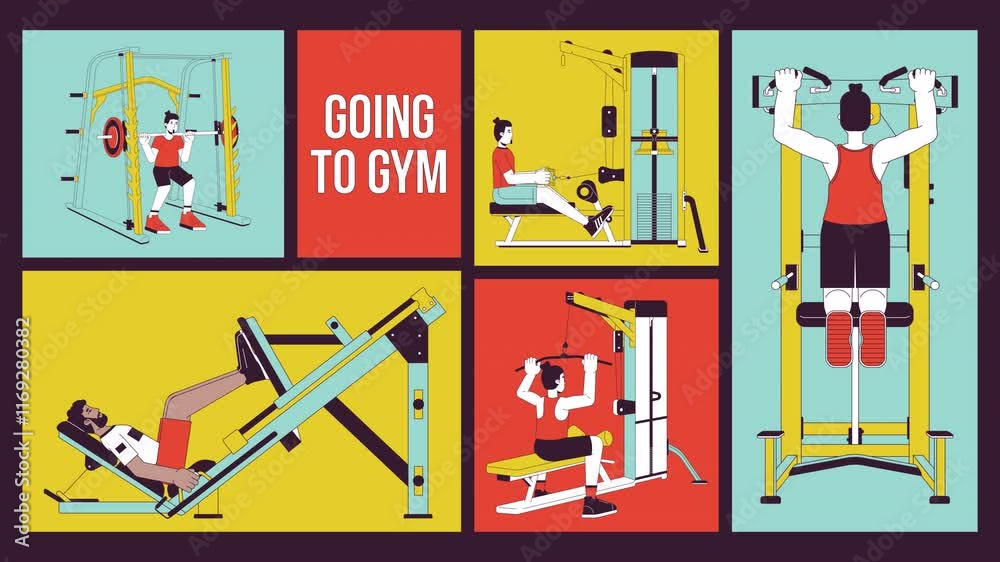 Men gym sports training animated bento grid layout. Weights lifting ...