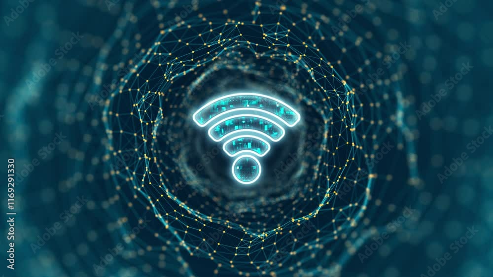 Motion graphic of Blue digital WIFI logo and tunnel line connection ...