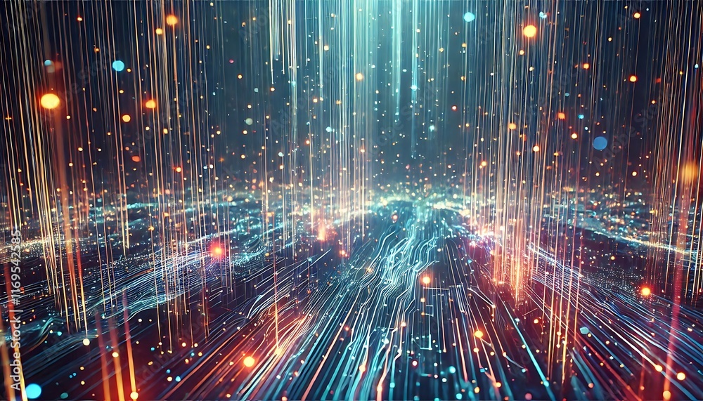 Hyper-detailed digital rain with glowing particle streams falling ...