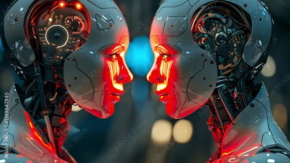 Two lifelike AI robots face each other, illuminated by glowing red lights. Their intricate ...