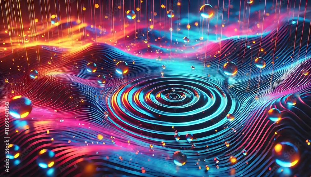 Hyper-realistic glowing raindrops on a smooth, vibrant neon surface ...