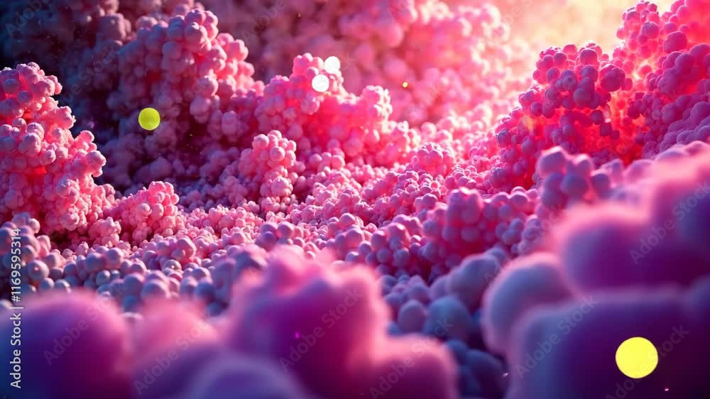 Camera seamlessly zooming out abstract shapes and clouds in pink color ...