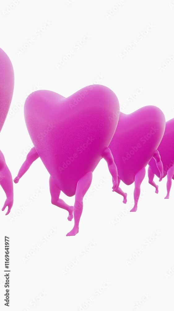 Unusual Pink Hearts Walk In Single File on a White Background for ...