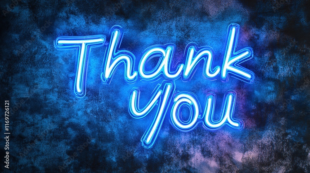 Neon "Thank You" sign glowing in blue against a textured background ...