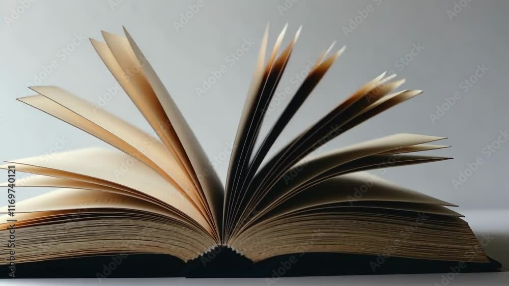 Open book displaying fanned pages on a simple background captures the ...
