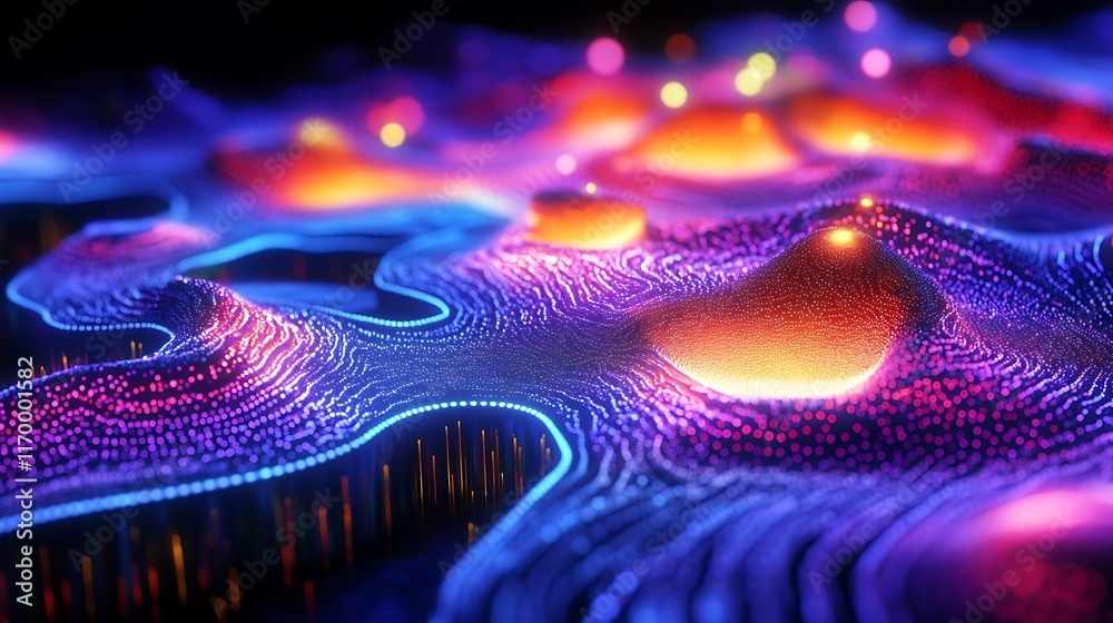 A luminous world map built from glowing points connected by pulsating ...