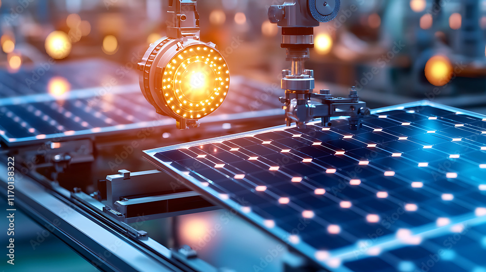 detailed view of solar panel manufacturing process with robotic arms ...